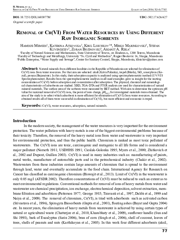 (PDF) Removal of Cr(VI) From Water Resources by Using Different Raw ...
