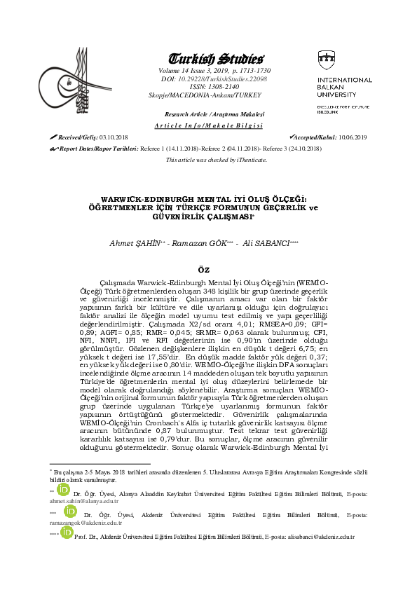 (PDF) Warwick-Edinburgh Mental İyi Oluş Ölçeği: Öğretmenler için Türkçe ...