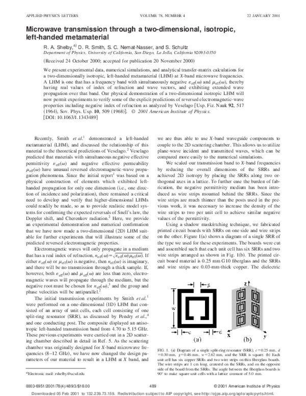 (PDF) Microwave transmission through a two-dimensional, isotropic, left ...