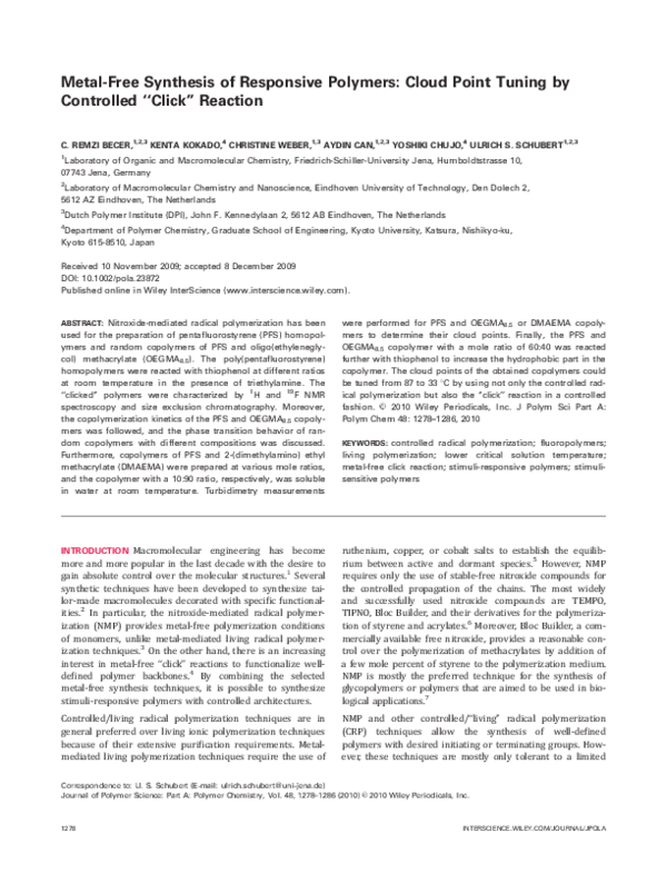 (PDF) Metal-Free Synthesis of Responsive Polymers: Cloud Point Tuning ...