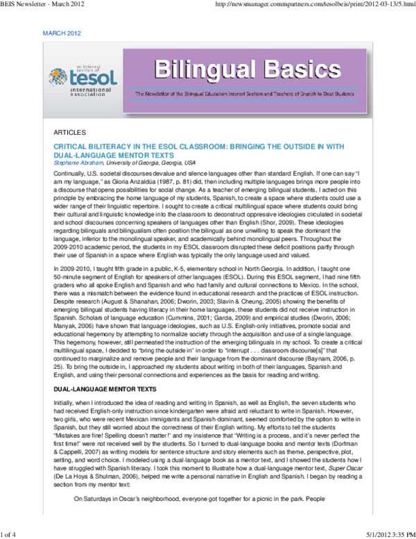 (PDF) Critical Biliteracy in the ESOL Classroom: Bringing the Outside ...
