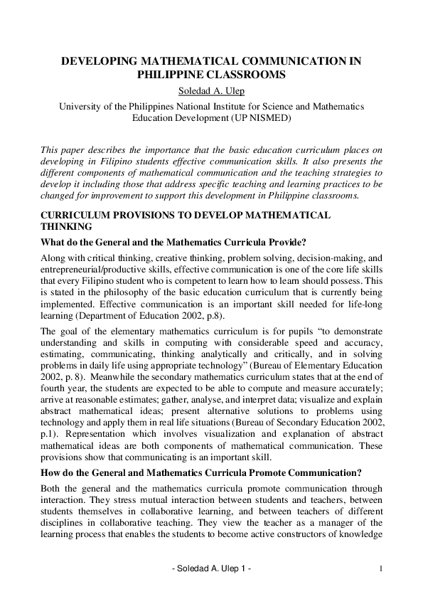(PDF) DEVELOPING MATHEMATICAL COMMUNICATION IN PHILIPPINE CLASSROOMS