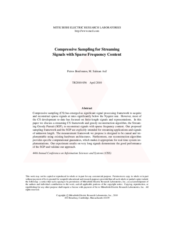 (PDF) Compressive sampling for streaming signals with sparse frequency content