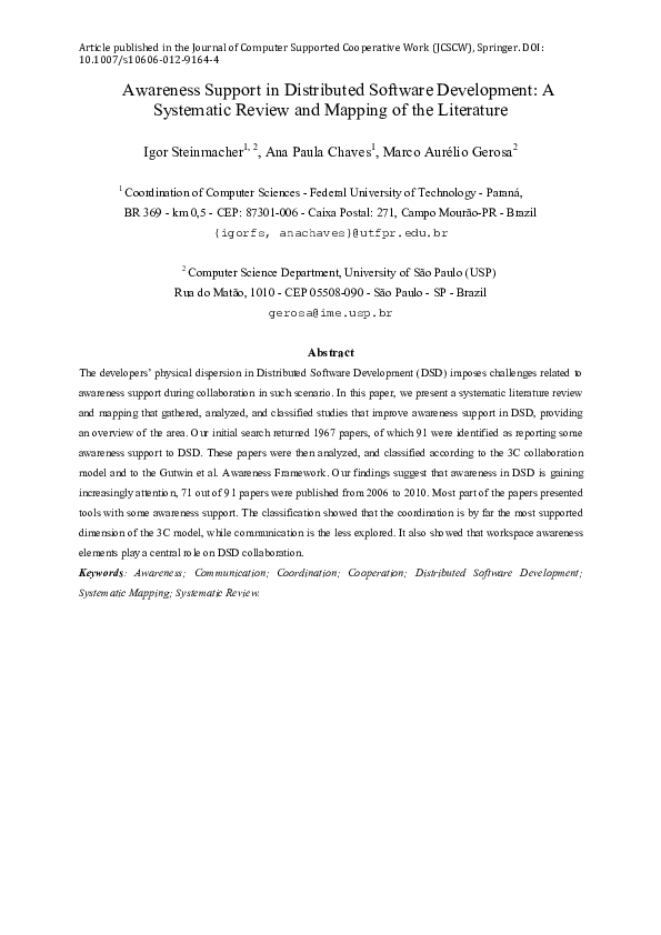 Pdf Awareness Support In Distributed Software Development A Systematic Review And Mapping Of