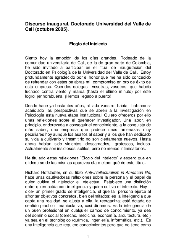 (PDF) Discurso Inaugural. Doctorado Universidad del Valle de Cali.