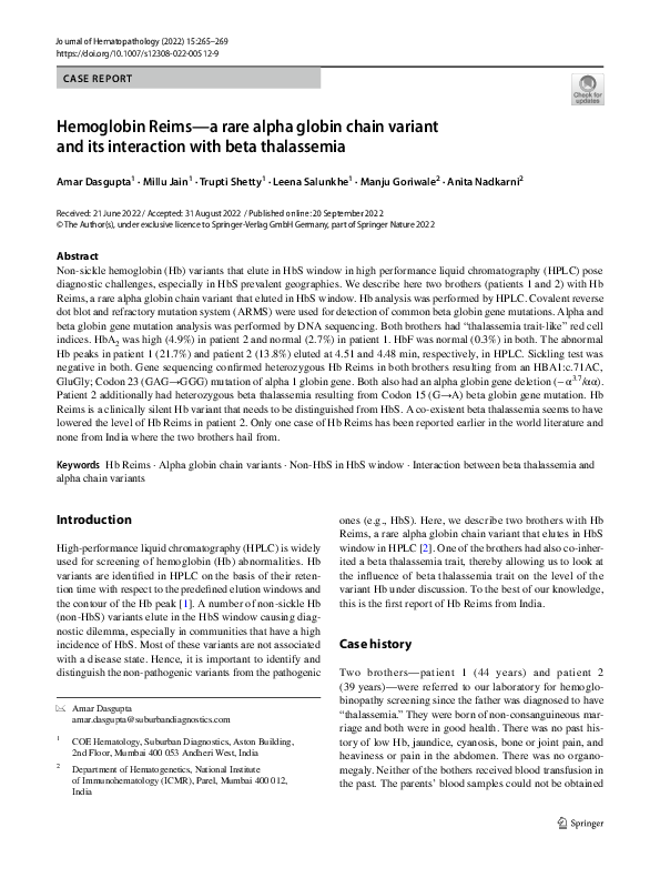 (PDF) Hemoglobin Reims—a rare alpha globin chain variant and its ...