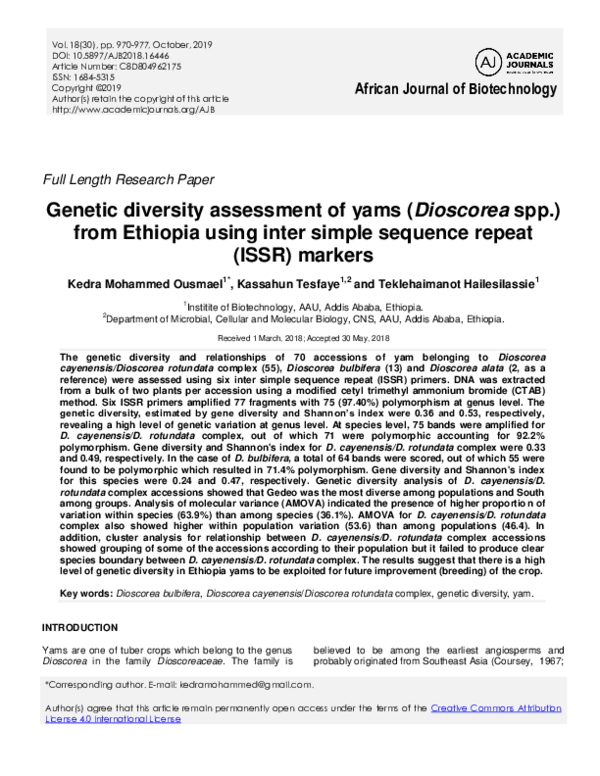 (PDF) Genetic diversity assessment of yams (Dioscorea spp.) from ...