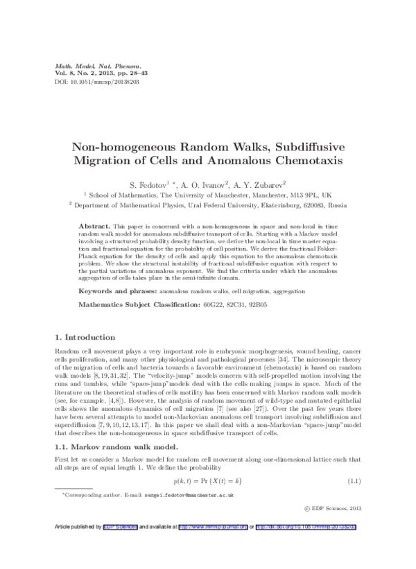 (PDF) Non-homogeneous Random Walks, Subdiffusive Migration of Cells and ...
