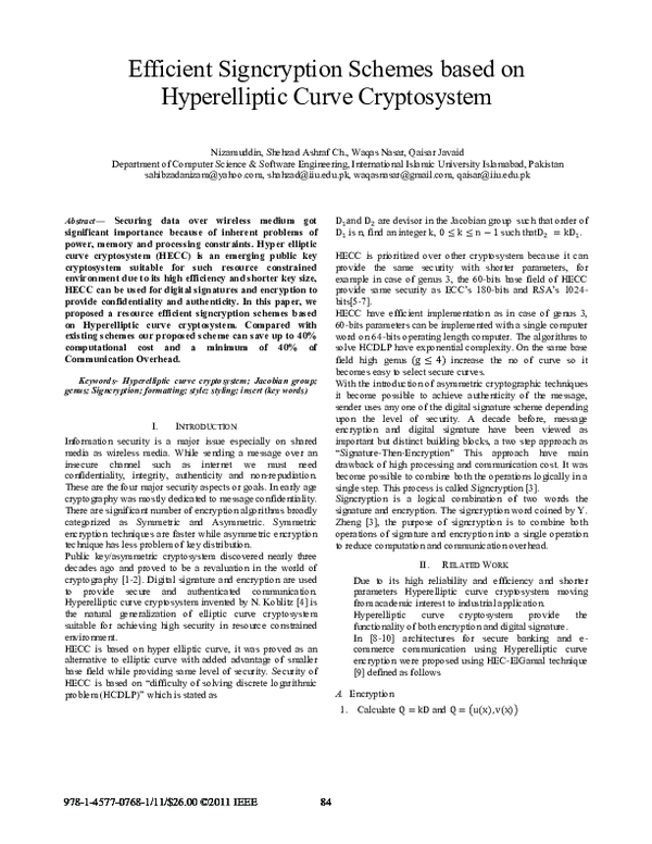 Pdf Efficient Signcryption Schemes Based On Hyperelliptic Curve Cryptosystem