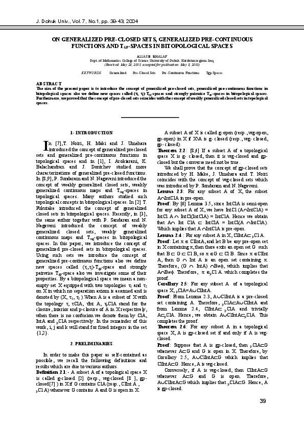(PDF) ON GENERALIZED PRE-CLOSED SETS, GENERALIZED PRE-CONTINUOUS FUNCTIONS AND TGP-SPACES IN ...