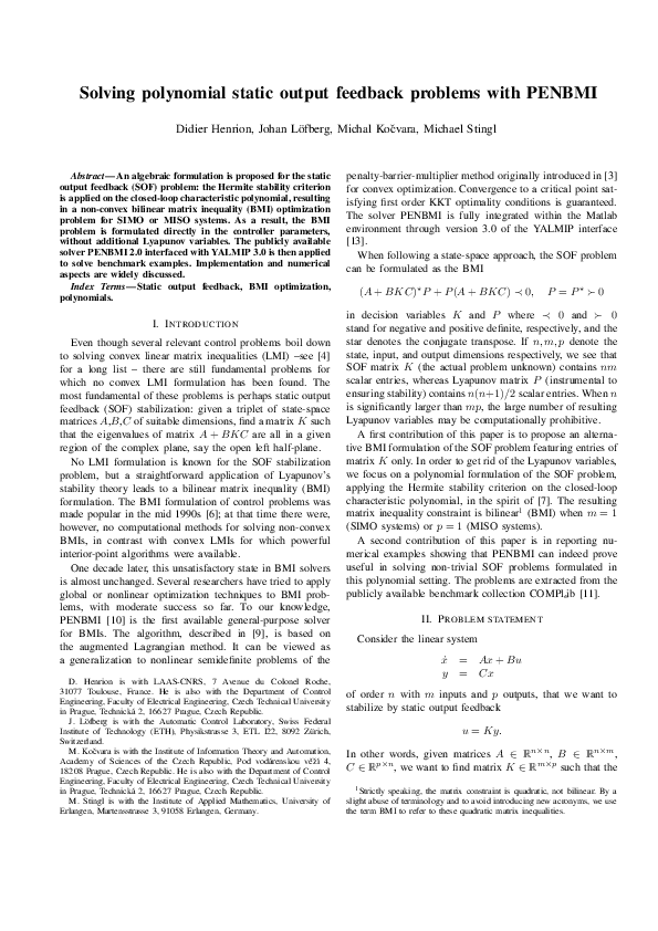 Pdf Solving Polynomial Static Output Feedback Problems With Penbmi