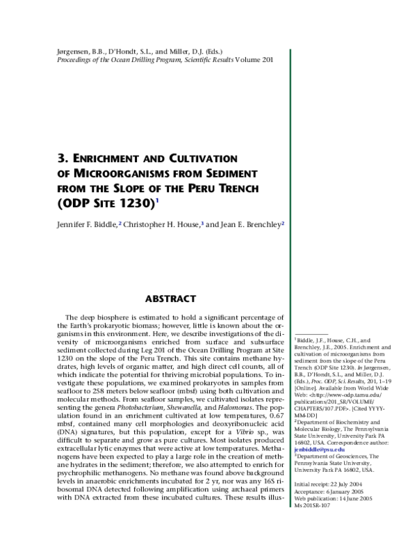 (PDF) 3. ENRICHMENT AND CULTIVATION OF MICROORGANISMS FROM SEDIMENT FROM THE SLOPE OF THE PERU ...