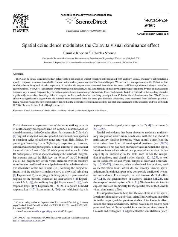 (PDF) Spatial coincidence modulates the Colavita visual dominance effect