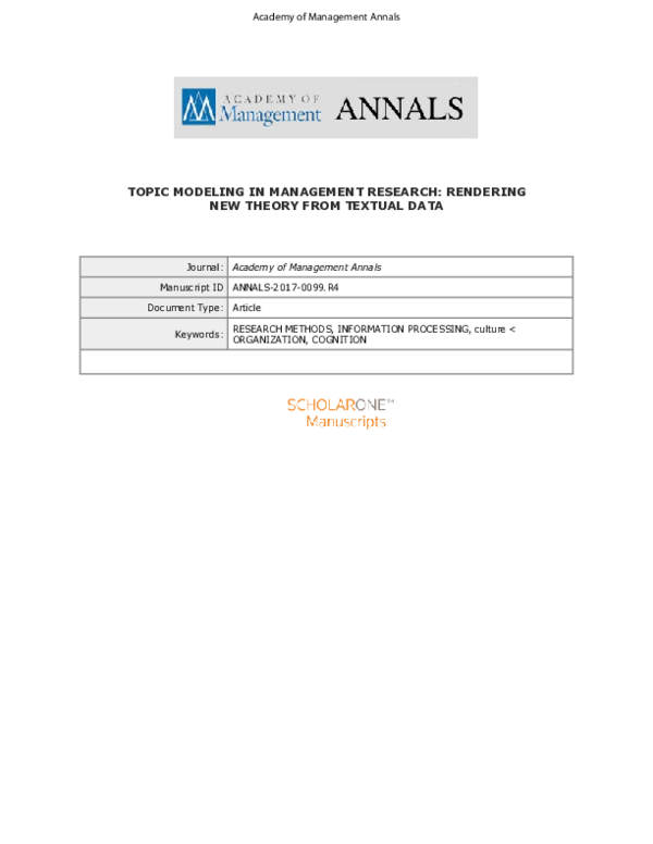 (PDF) Topic Modeling in Management Research: Rendering New Theory from ...
