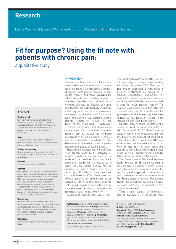 (PDF) Fit for purpose? Using the fit note with patients with chronic ...