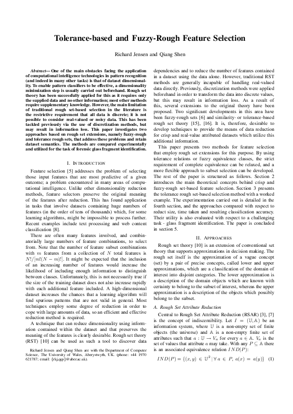 (PDF) Tolerance-based and Fuzzy-Rough Feature Selection