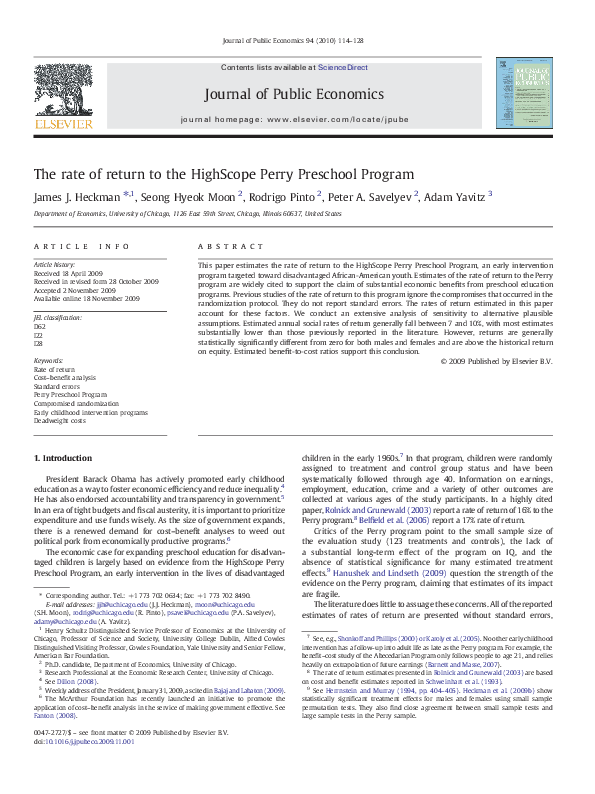 (PDF) The rate of return to the HighScope Perry Preschool Program