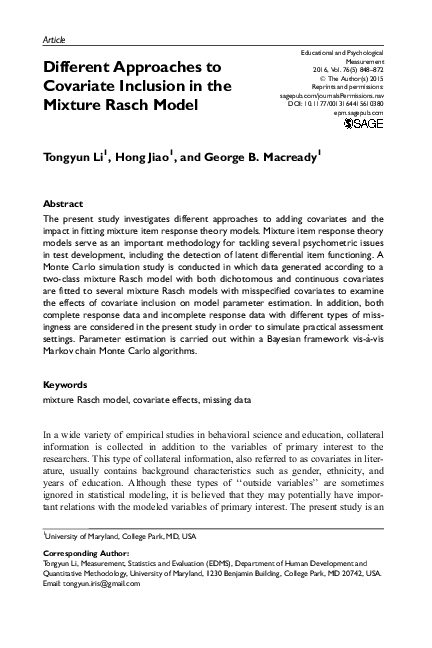 (PDF) Different Approaches to Covariate Inclusion in the Mixture Rasch ...