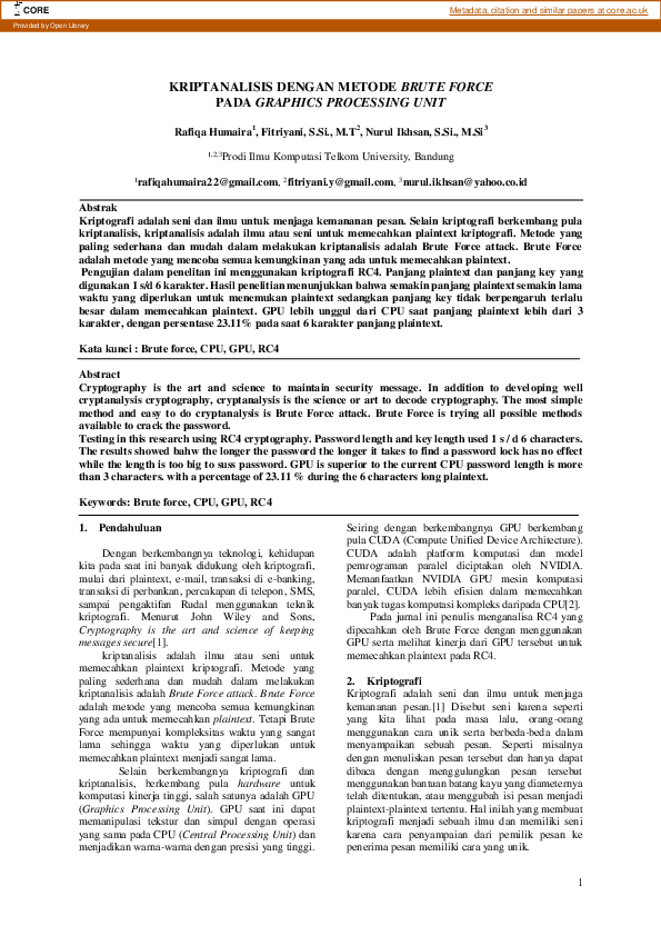 (PDF) Kriptanalisis Dengan Metode Brute Force Pada Graphics Processing Unit