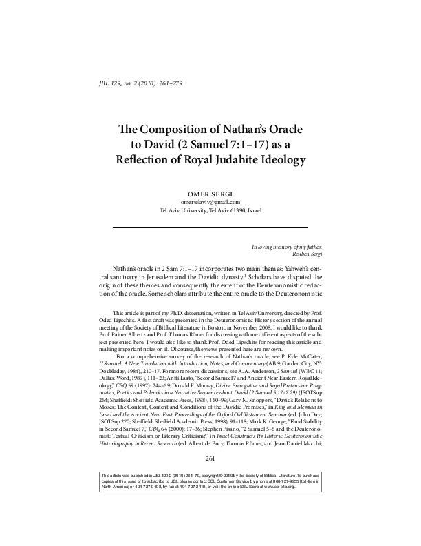 (PDF) The Composition of Nathan's Oracle to David (2 Samuel 7: 1-17) as ...