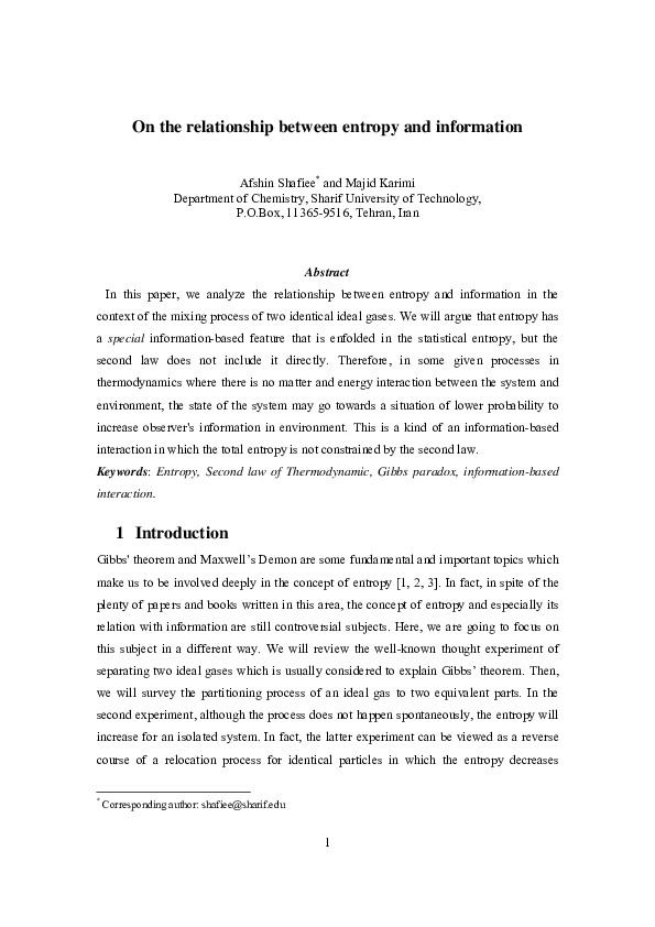 (PDF) On the Relationship Between Entropy and Information