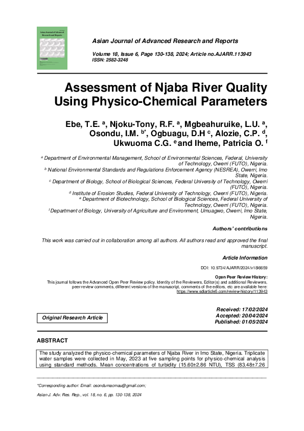 (PDF) Assessment of Njaba River Quality Using Physico-Chemical Parameters