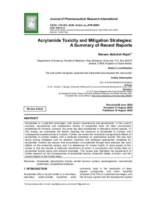 (PDF) Acrylamide Toxicity and Mitigation Strategies: A Summary of ...