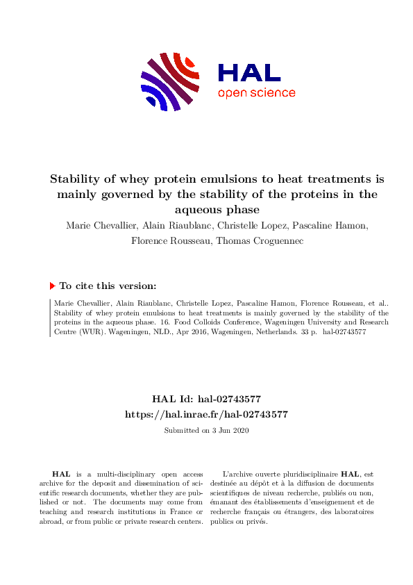 (PDF) Stability of whey protein emulsions to heat treatments is mainly ...