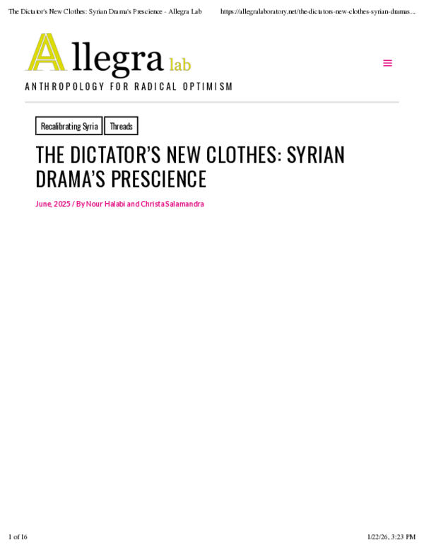 (PDF) The Dictator's New Clothes: Syrian Drama's Prescience - Allegra Lab