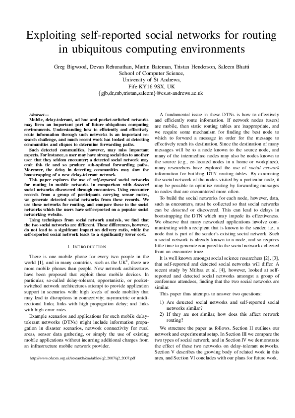 (PDF) Exploiting Self-Reported Social Networks for Routing in Ubiquitous Computing Environments