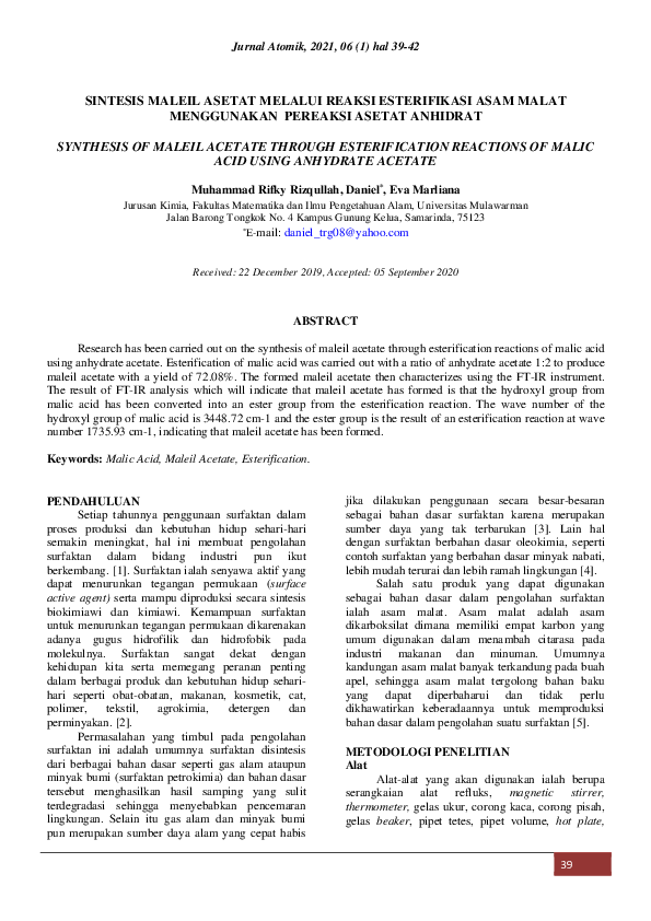 (PDF) Synthesis of Maleil Acetate Through Esterification Reactions of ...