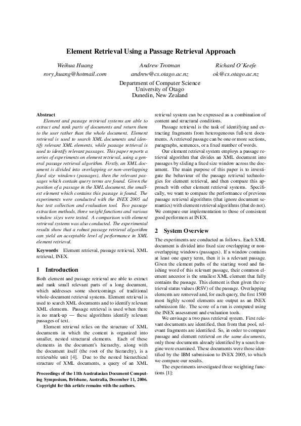 (PDF) Element Retrieval Using a Passage Retrieval Approach
