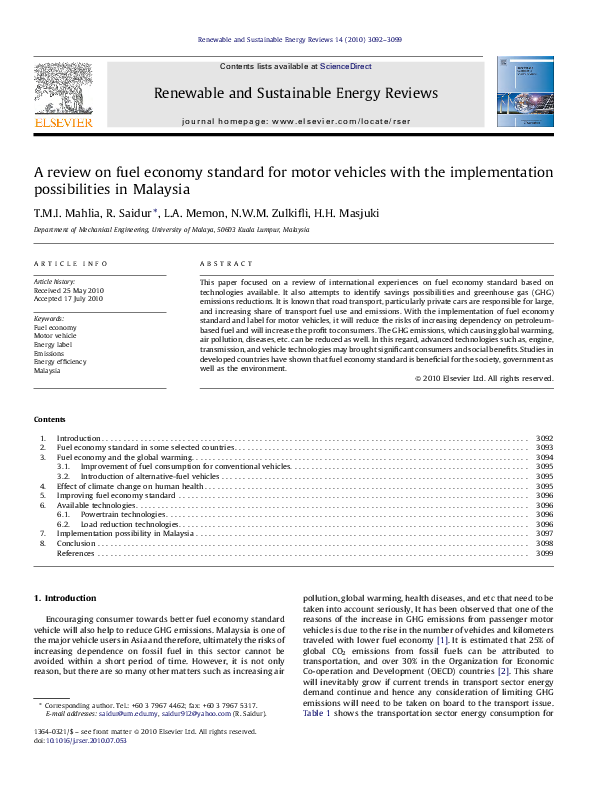 (PDF) A review on fuel economy standard for motor vehicles with the ...