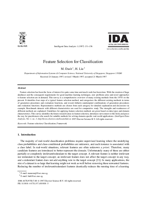 Pdf Feature Selection For Classification