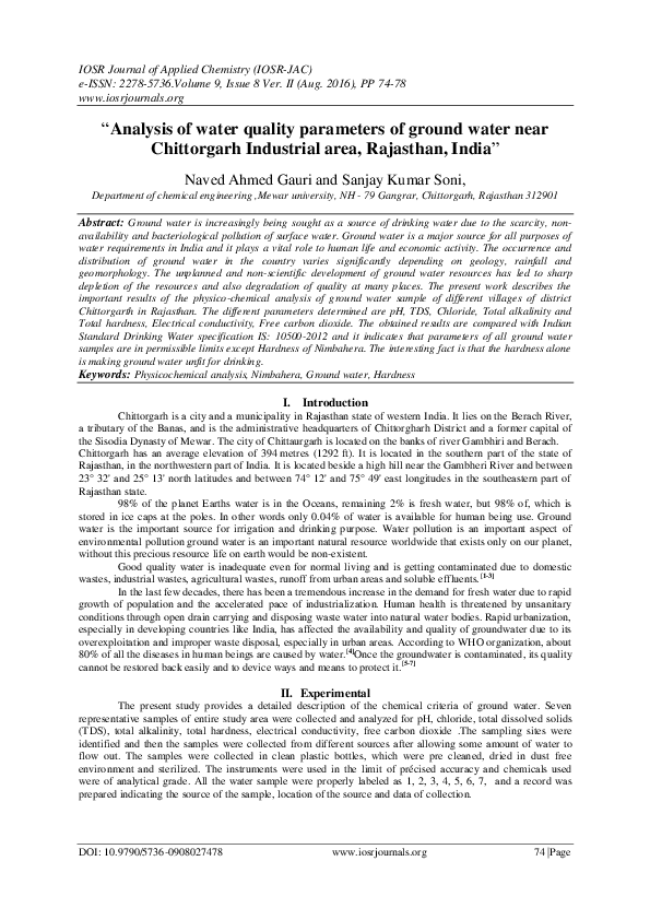 (PDF) “Analysis of water quality parameters of ground water near ...