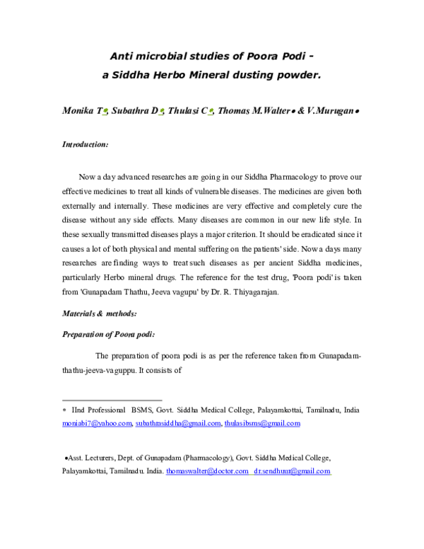 (PDF) Anti microbial studies of Poora Podi - a Siddha Herbo Mineral ...