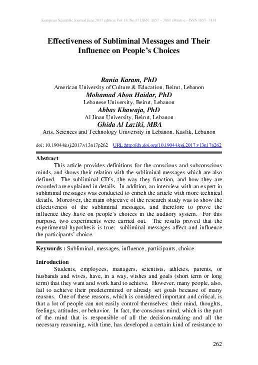 (PDF) Effectiveness of Subliminal Messages and Their Influence on ...