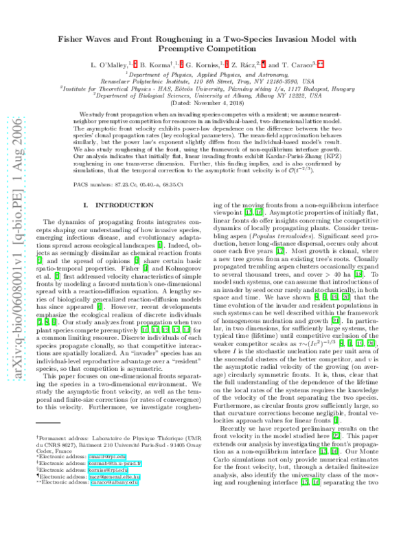 (PDF) Fisher waves and front roughening in a two-species invasion model ...