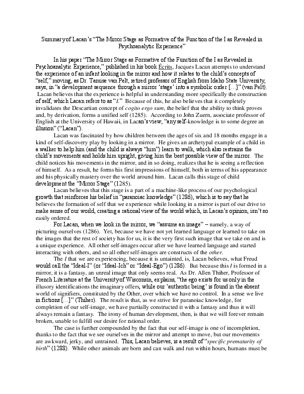 (DOC) Summary of Lacan’s “The Mirror Stage as Formative of the Function ...