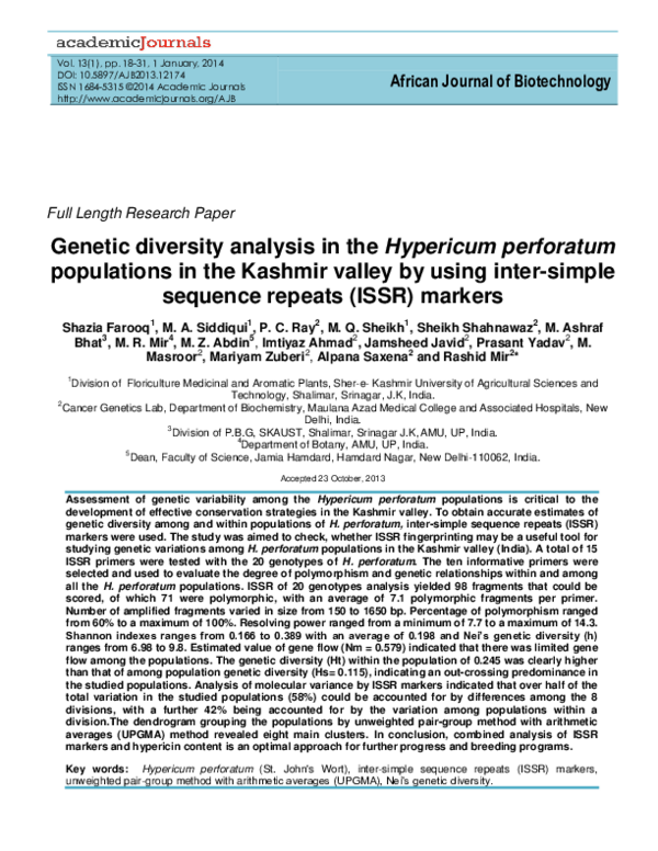 (PDF) Genetic diversity analysis in the Hypericum perforatum ...