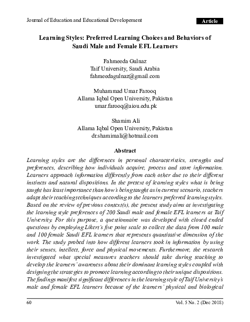 (PDF) Learning Styles: Preferred Learning Choices and Behaviors of ...