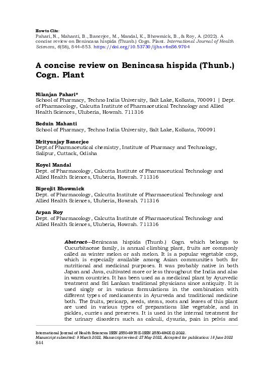 (PDF) concise review on Benincasa hispida (Thunb.) Cogn. Plant