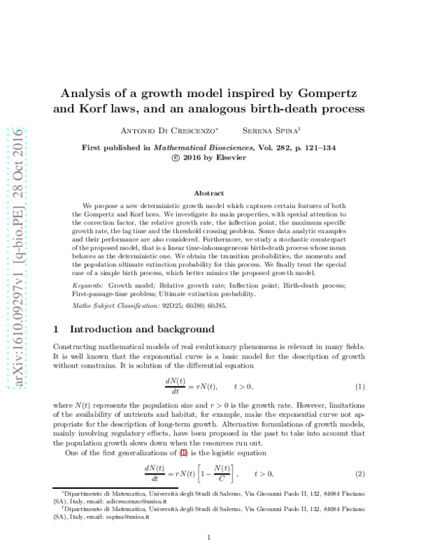 (PDF) Analysis of a growth model inspired by Gompertz and Korf laws ...
