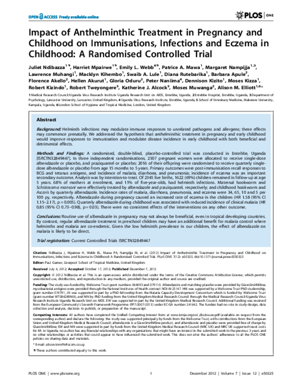 (PDF) Impact of Anthelminthic Treatment in Pregnancy and Childhood on ...