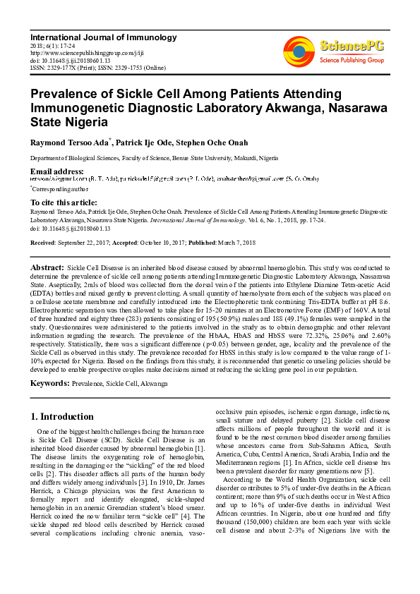 (PDF) Prevalence of Sickle Cell Among Patients Attending Immunogenetic ...