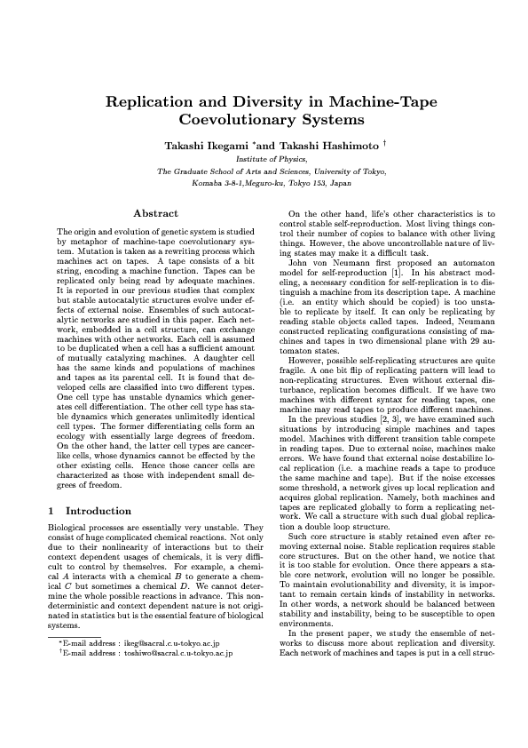 (PDF) Replication and Diversity In Machine-Tape Coevolutionary Systems