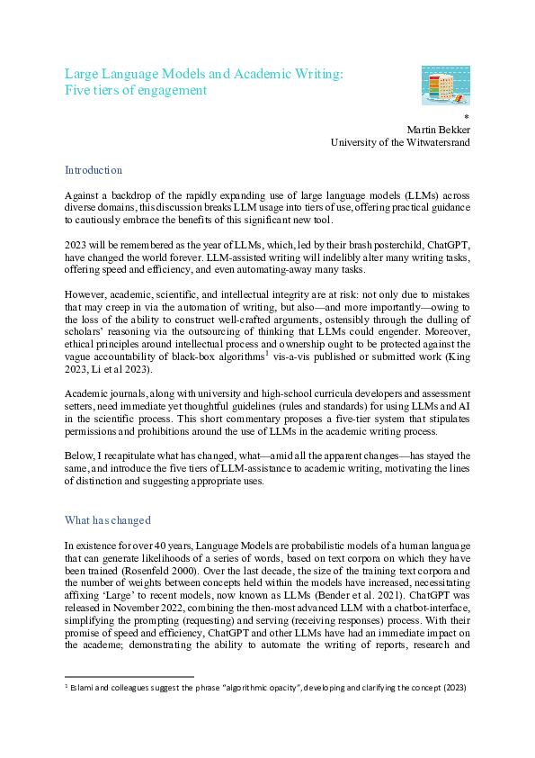 (PDF) Large Language Models and Academic Writing: Five tiers of engagement