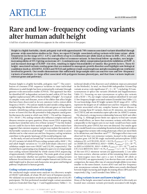 (PDF) Rare and low-frequency coding variants alter human adult height