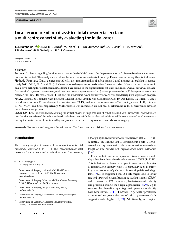 (PDF) Local recurrence of robot-assisted total mesorectal excision: a ...