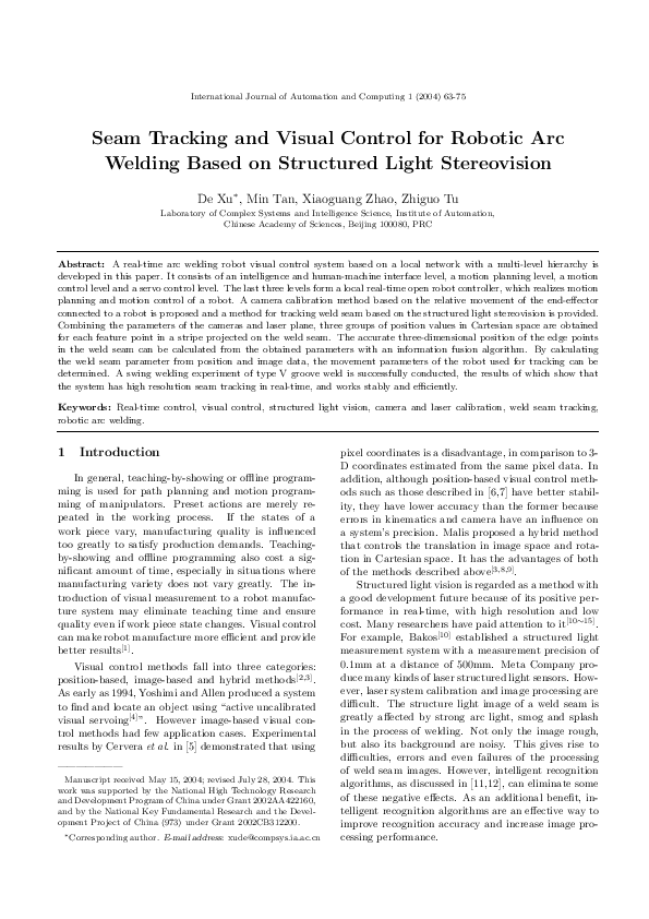 (PDF) Seam tracking and visual control for robotic arc welding based on ...